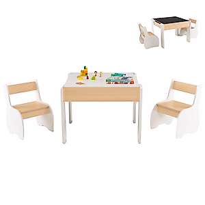 HONEY JOY Kids Table and Chair Set, 4-in-1 Children Wooden Activity Table and 2 Chairs for Art Craft, Reversible Blackboard, 3 PCS Toddler Furniture with Storage, Gift for Boys Girls (Natural)