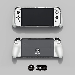 Skull & Co. GripCase OLED Bundle: A Dockable Transparent Protective Case with Replaceable Grips [to fit All Hands Sizes] for Nintendo Switch OLED Model- Neon Blue (L) Neon Red (R)