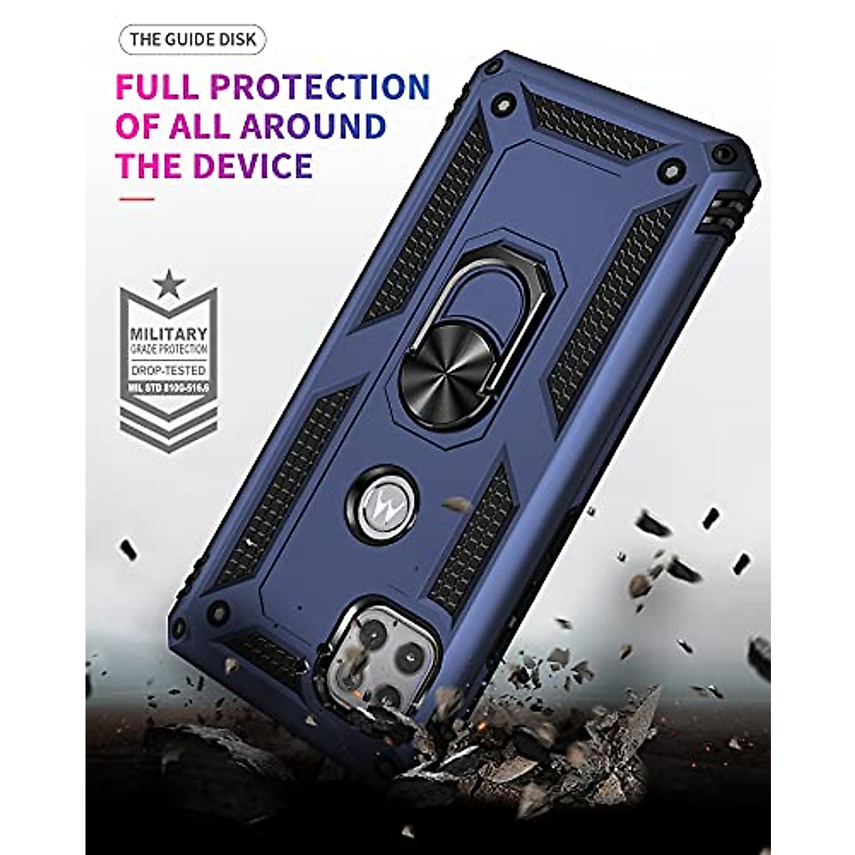 Military Grade Drop Impact for Moto One 5G Ace Case Motorola One 5G Ace G 5G Case 360 Metal Rotating Ring Kickstand Holder Armor Heavy Duty Shockproof Case for One 5G Ace Phone Case (Blue)