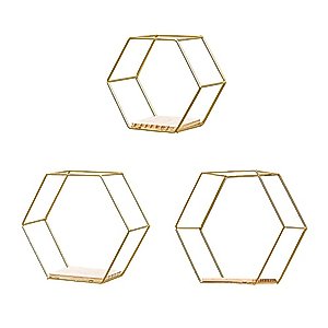 FQQWEE Hexagonal Floating Shelves Wall Decor Set of 3 Metal Wire Wall Mounted Honey Comb Shelves Decorative Geometric Floating Wall Storage Shelves for Bedroom Living Room Home Office
