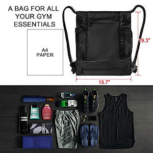 BeeGreen Black Basketball Backpack Drawstring Bag Basketball Accessories String Bag w Hidden Ball Net Gym Sports Cinch Sack w Bottle Holder & Zipper Pockets Workout Equipment Bags for Volleyball Men