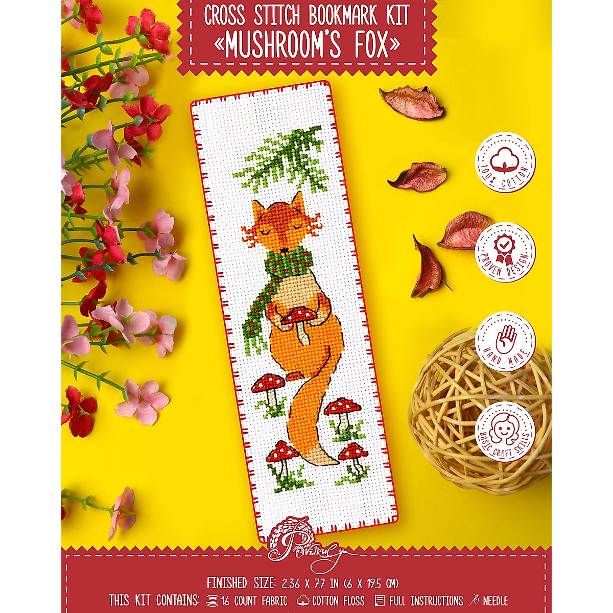Povitrulya Mushroom Fox - Counted Cross Stitch Bookmark Kit - Handmade Gift