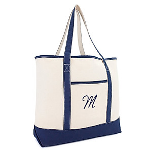 DALIX Personalized Tote Bag For Women Monogram Initial Open Top Navy Blue M