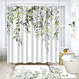 4Pcs Sage Green Eucalyptus Shower Curtain Set, Bathroom Sets with Shower Curtain and Rugs, Boho Leaves Bathroom Shower Curtain Sets with Rugs, Shower Curtains for Bathroom Decor Sets
