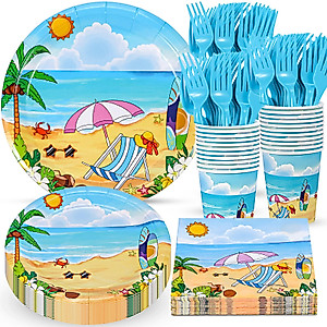 Atonofun Beach Party Supplies, Beach Plates and Napkins Set, Disposable Beach Plates, Cups, Napkins and Cutlery for Birthday, Pool, Summer Party, Baby Shower, Beach Themed Party Decorations Serves 24