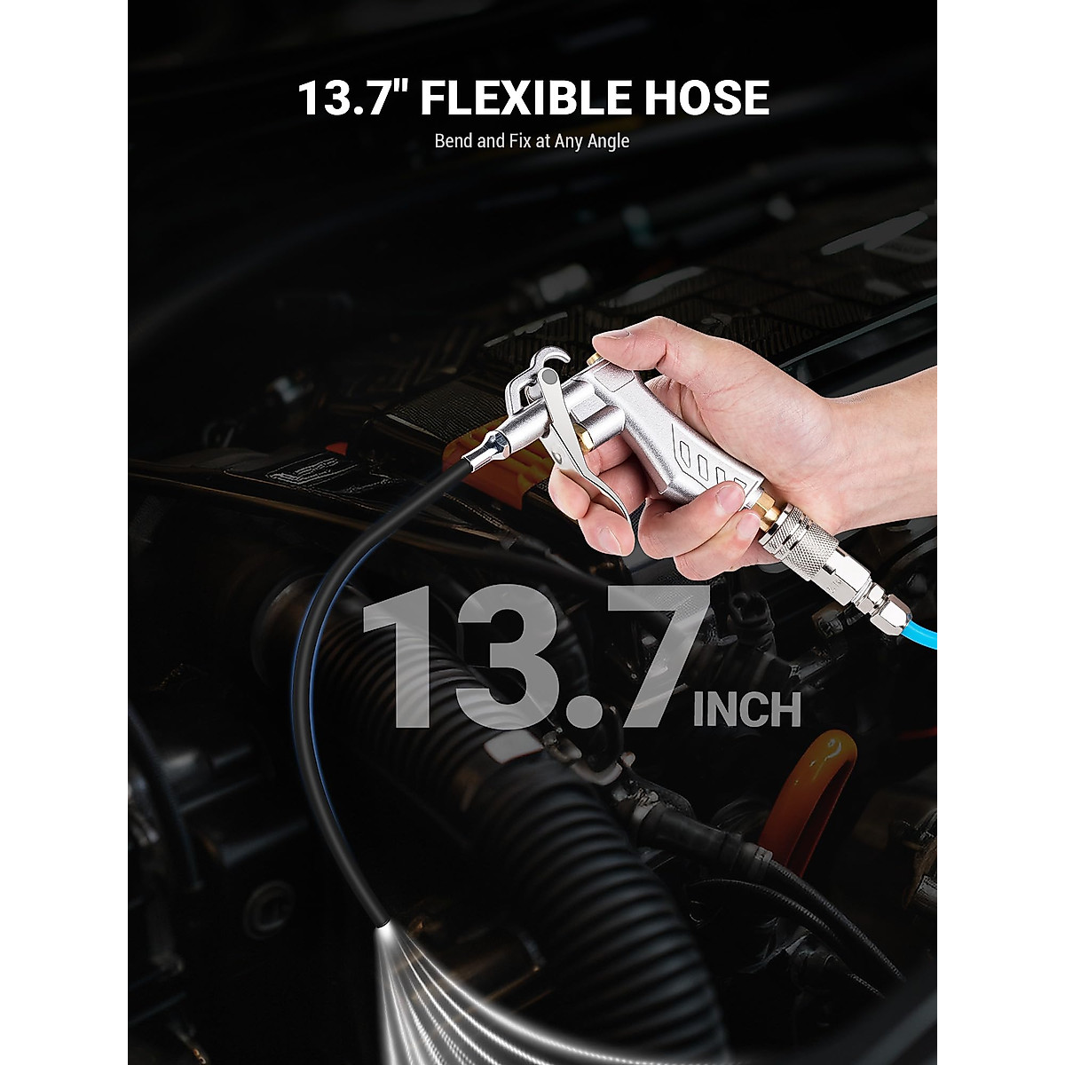 JASTIND Air Blow Gun with Adjustable Brass Air Nozzle, 2 Pcs Steel Extensions and 13.7 Inch Flexible Flow Hose, High Volume Air Gun Blower for Air Compressor Accessories Pneumatic Tool Dust Clean