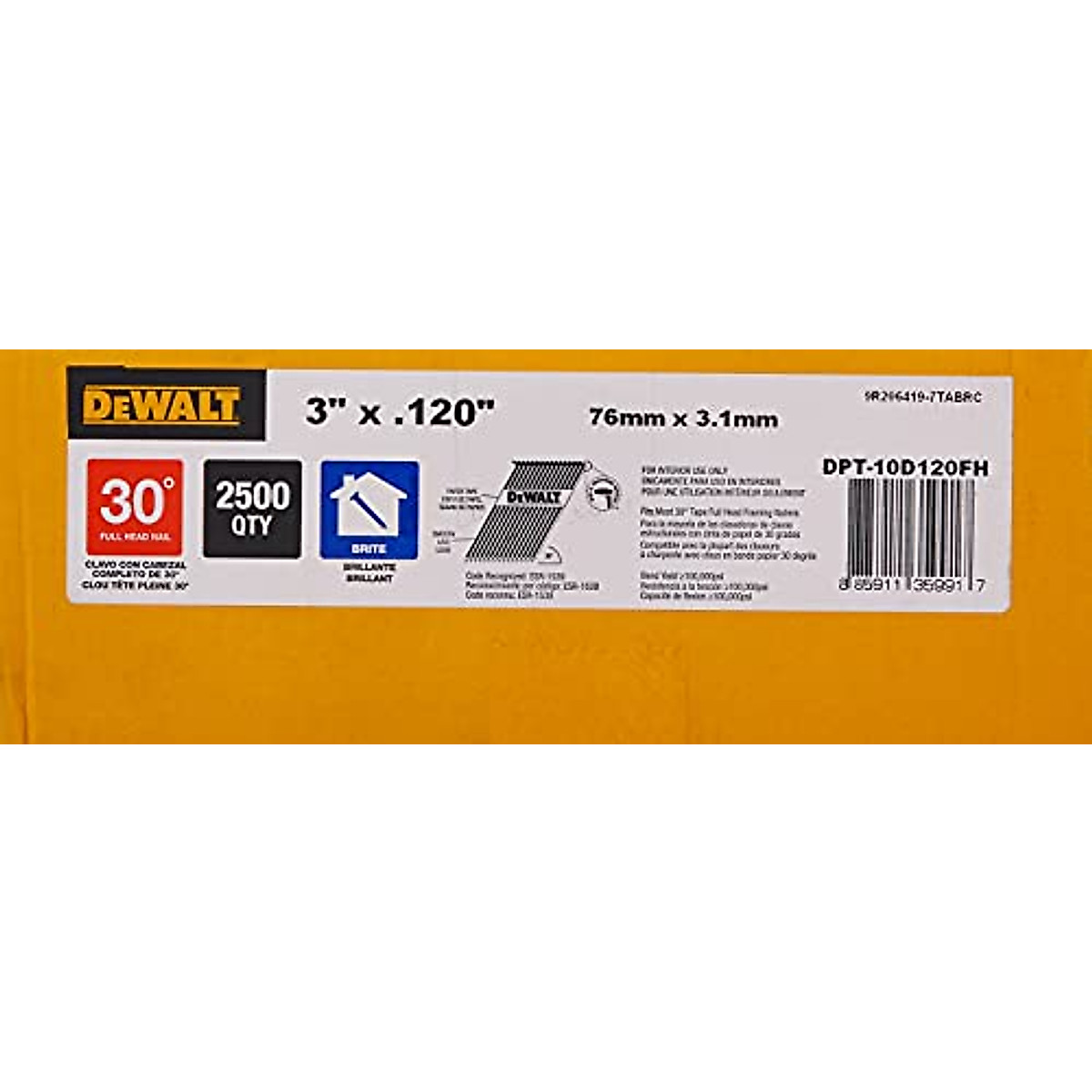 DEWALT Framing Nails, Paper Tape, 30-Degree, Smooth Shank, Bright Finish, Off-Set Round Head, 3-Inch x .120-Inch, 2500-Pack (DPT-10D120FH)