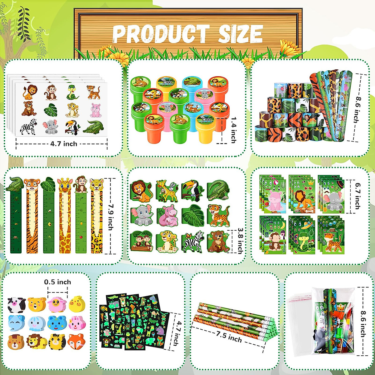 BenLouis 120Pcs Jungle Safari Party Favors Zoo Animals Sticker Stampers Slap Bracelets School Stationery Set Bulk Classroom Prizes for Kids Wild One Party Baby Shower Goodie Bags Fillers