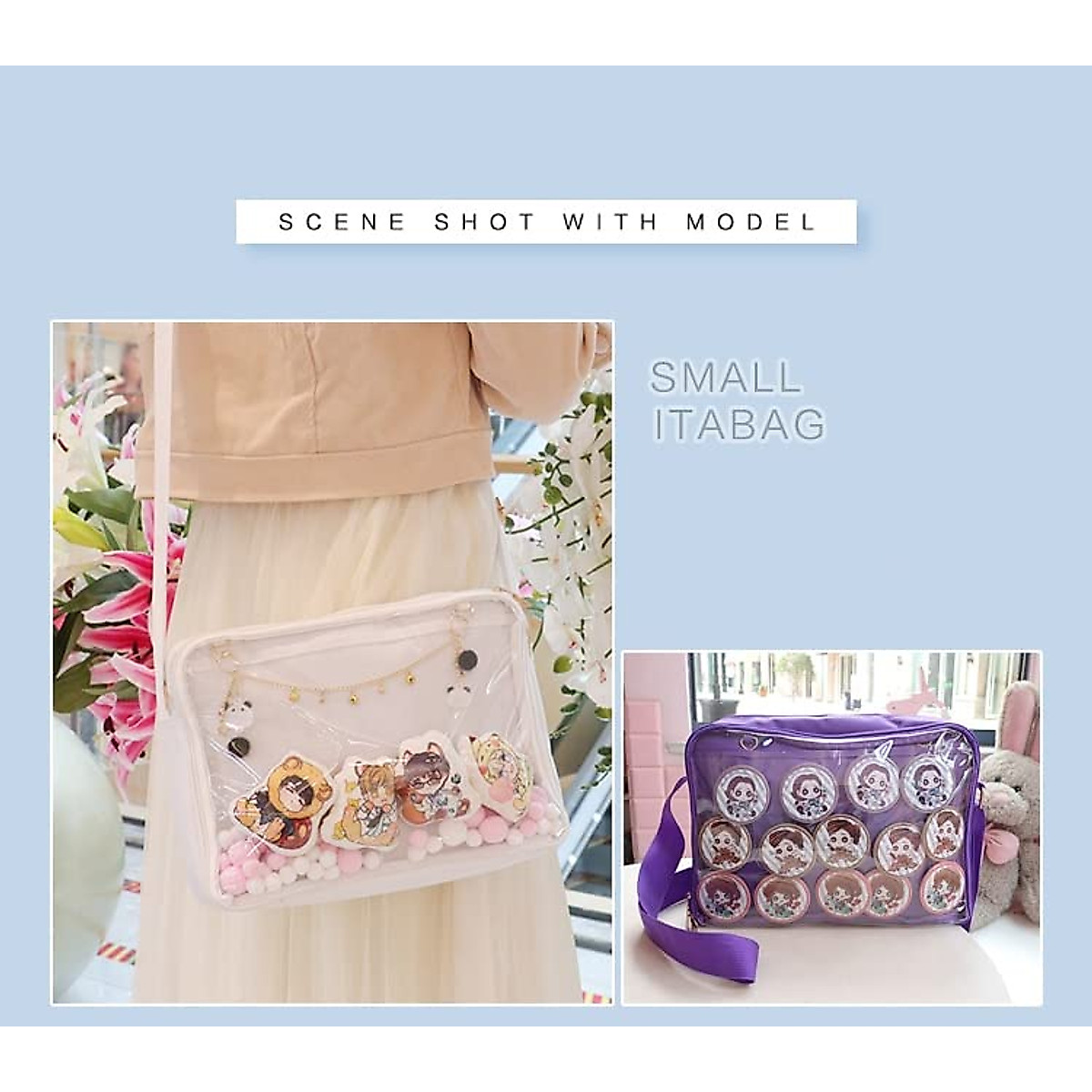 Ita Bag with Insert Large Canvas Shoulder Tote Ita Purse for Cosplay Transparent Canvas Ita Bag (pink)