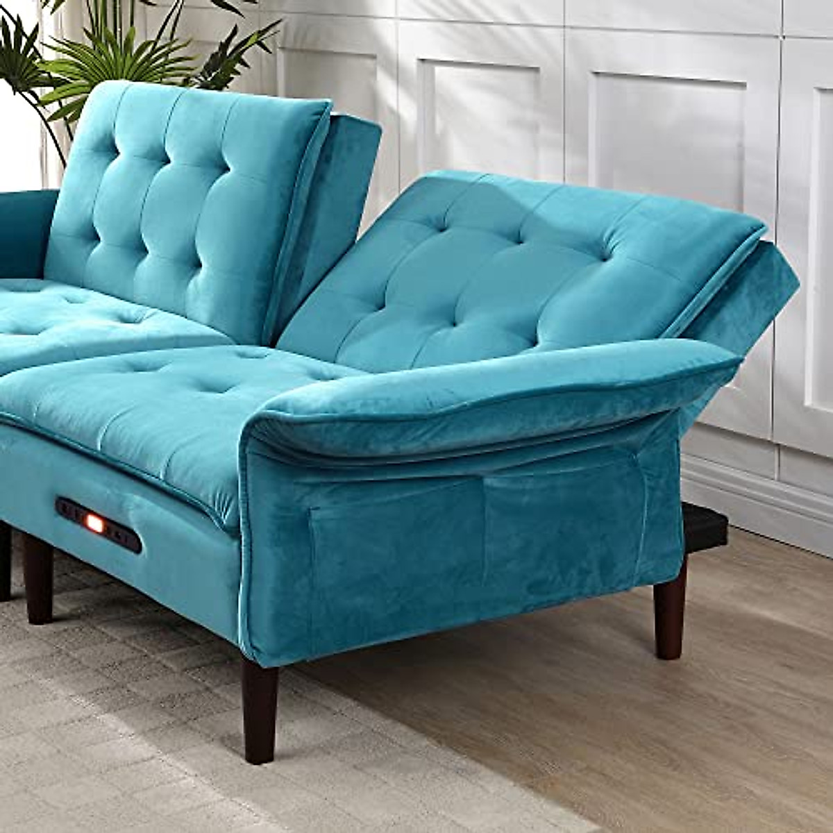 Charging Futon Sofa Bed, Velvet Convertible Sleeper Sofa Tufted Upholstered Couch with Adjustable Backrest & Armrest, Modern Accent Loveseat USB Chargeable Couch Bed for Home Living Room (Blue)