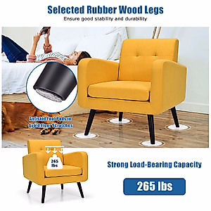 S AFSTAR Modern Upholstered Armchair, Mid-Century Fabric Accent Chair with Rubber Wood Legs, Leisure Lounge Chairs Living Room Furniture (1, Yellow)