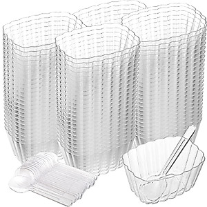 DEAYOU 100 Pack 5 Oz Dessert Cups with Spoons, Small Plastic Mousse Cup Dessert Shooters, Clear Disposable Parfait Appetizer Cup, Mini Reusable Trifle Tumbler Cup for Souffle, Pudding, Party