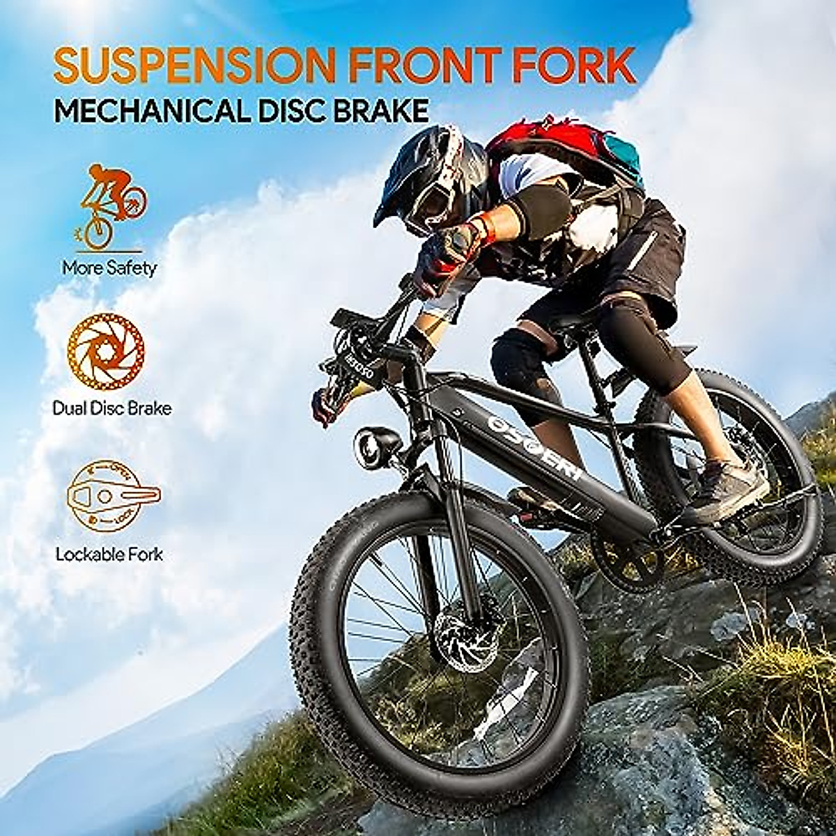 Osoeri 26&#039;&#039; x 4&#039;&#039; Fat Tire Electric Bike for Adults, 65Miles Range 48V 20Ah LG Cells Battery Ebike, 750W Brushless Motor 28MPH Shimano 7-Speed Electric Bicycle, Lockable Suspension Fork, Black