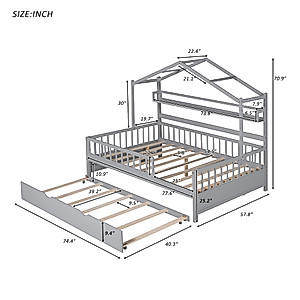 Full Size House Bed with Trundle and Storage Shelves, Montessori Bed Full Platform Bed with Roof, Tent Bed, Solid Wood Playhouse Bed Frame for Kids Teens Girls Boys (Full, Gray)