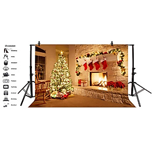 Leyiyi 10x8ft Photography Background Merry Christmas Backdrop Happy New Year Rustic Xmas Tree Pine Fireplace Socks Vintage Stone Wall Red Balls Cold Winter Wreath Gift Photo Portrait Vinyl Studio Prop