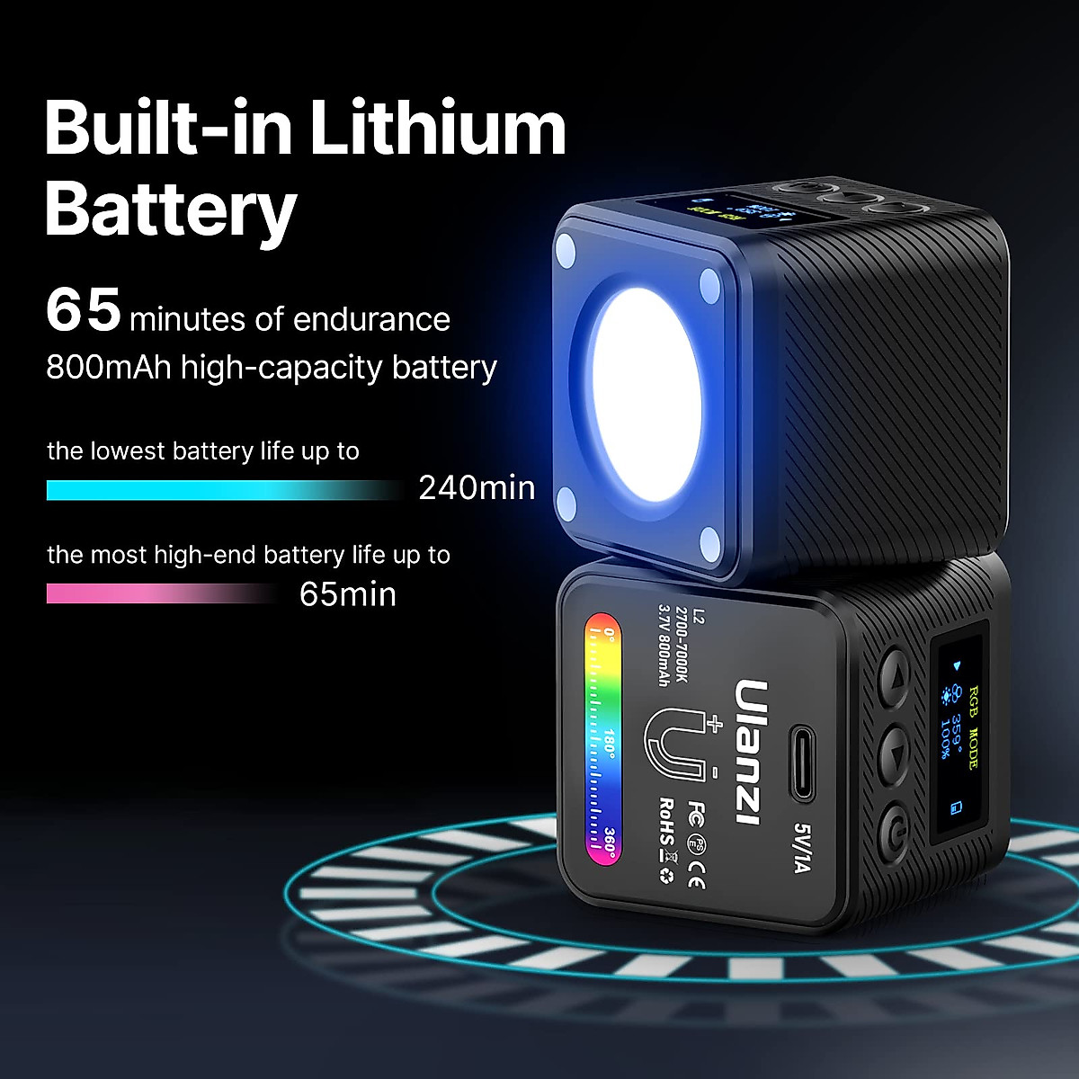 ULANZI L2 RGB COB Video Light Mini Cube Lights, LED Camera Light 360° Full Color Portable Photography Video Lighting, 800mAh Rechargeable & Magnetic Designs and 11 Dynamic Light Effects