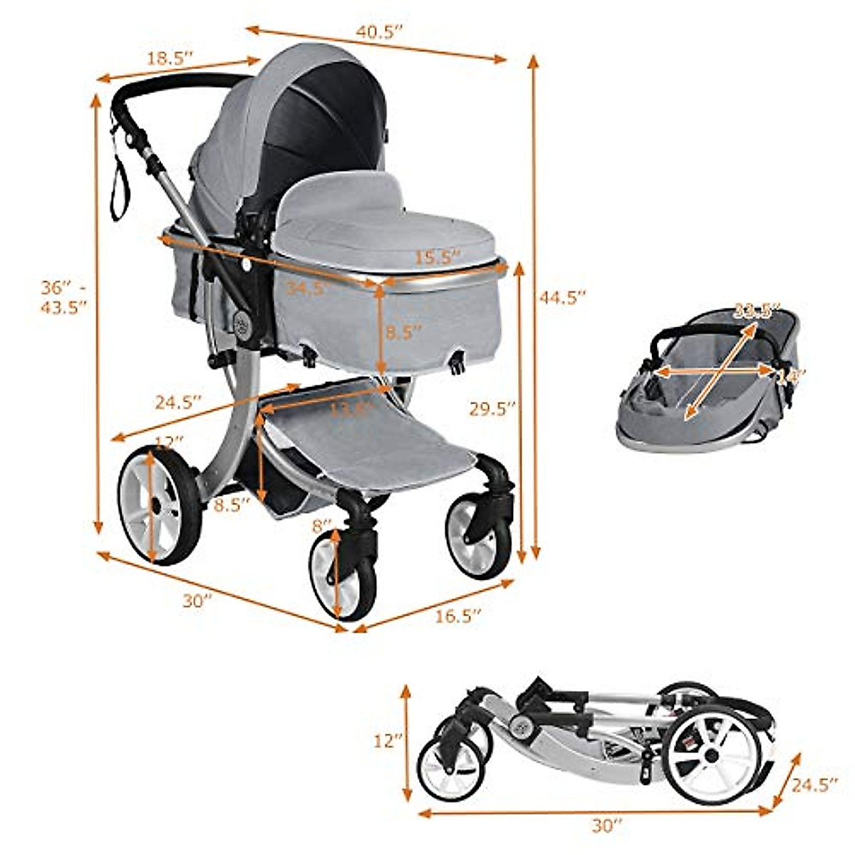 HONEY JOY Baby Stroller, High Landscape Convertible Infant Bassinet Stroller, Adjustable Canopy & Backrest, Storage Basket, Foot Cover, Foldable Newborn Carriage Pram Stroller (Gray)