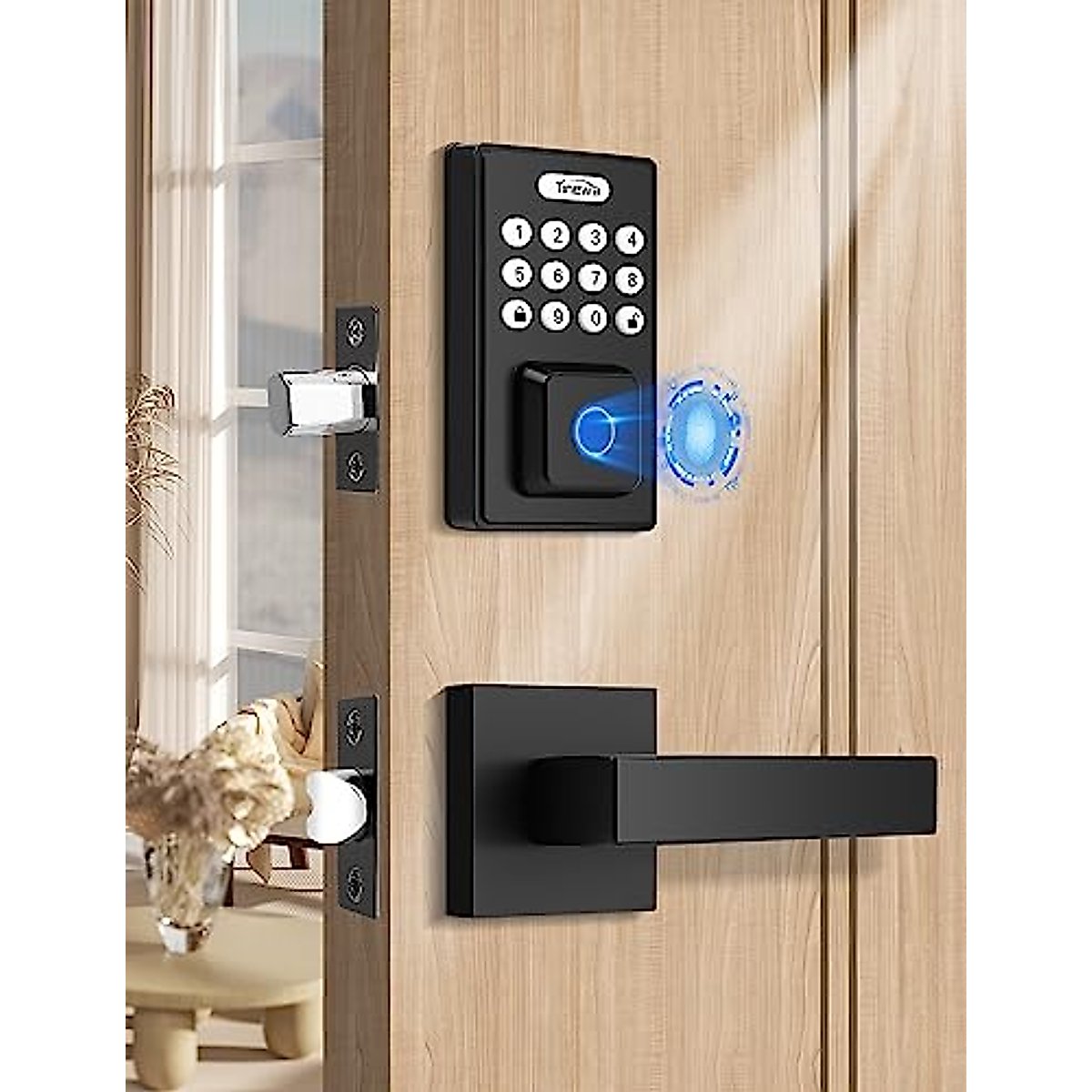 Tinewa Keyless Entry Door Lock with 2 Lever Handles, Fingerprint Entry Door Handleset, Electronic Digital Keypad Deadbolt with App, Auto Lock & One Touch Locking, Front Smart Door Handle Sets, Black