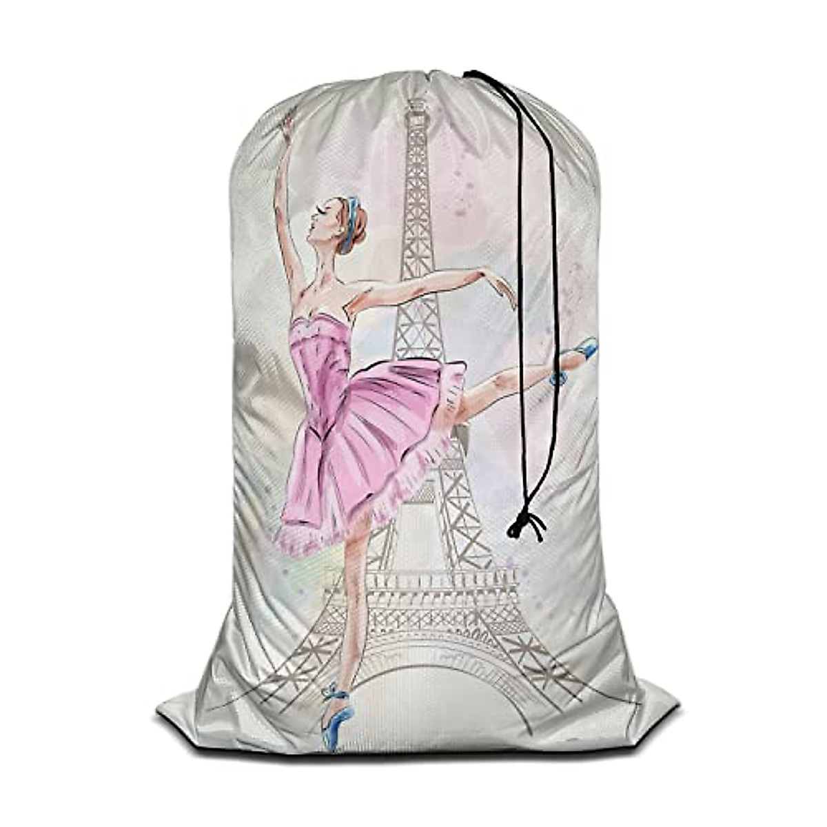 Swono Beautiful Ballerina Large Travel Laundry Bag Washable Wet Dry Bag Large Dirty Clothes Bag Dancer Posing Dancing on Eiffel Tower Bathing Suit Workout Bag for Gym Clothes Laundry Wet Clothes