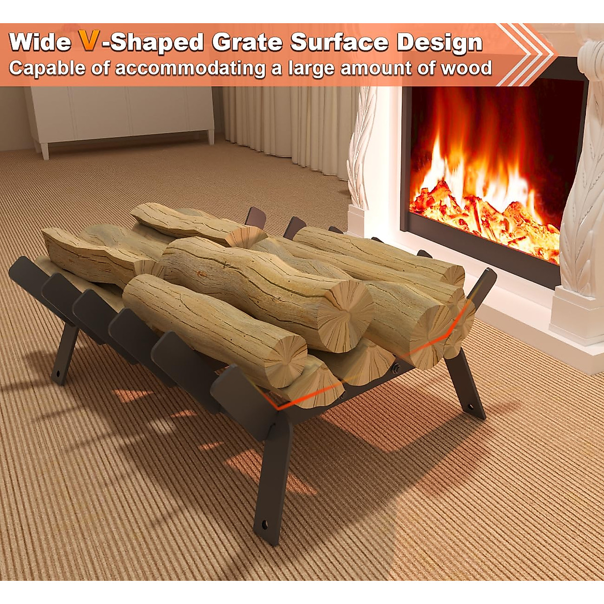 AnBaiMei 17 Inch Heavy Duty Fireplace Grate, Small Fire Wood Log Burning Rack Holder with 6 Support Bars for Indoor Outdoor Fire Place Accessories, Wrought Iron Firewood Stove Insert, Black