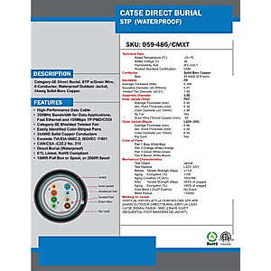 Vertical Cable CAT5E, Shielded Dual Jacket, Direct Burial, 1000ft, Black, Bulk Ethernet Cable