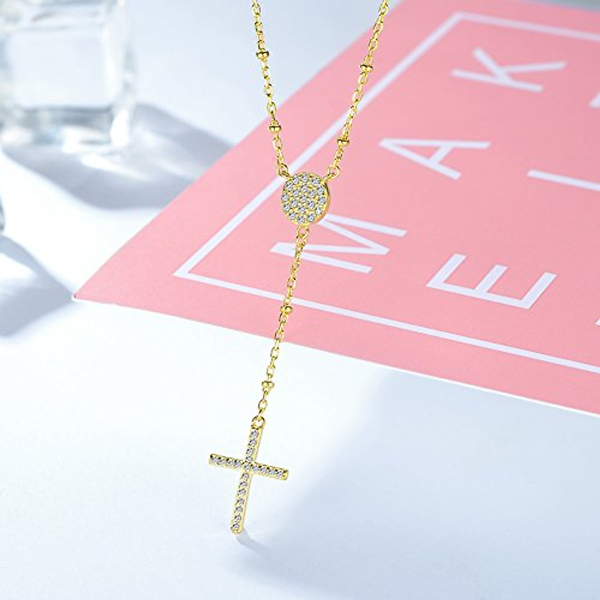 Kaletine Evil Eye Cross Y Necklace Sterling Silver 925 Pendant Chain 16"-17"-18" Paved Cubic Zirconia[Rhodium]