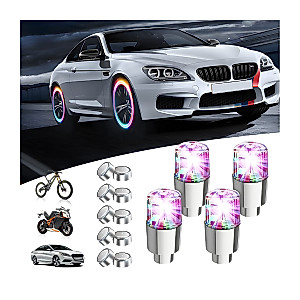 4PCS LED Car Wheel Tire Valve Caps Lights, Neon Spoke Flash Light Bulb for Bike Motorcycle, Waterproof Motion Sensors Led Lamp with 10 Extra Battery, Auto Accessories