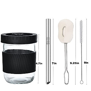 NINU 2-Pack 16oz Reusable Boba Cups Bubble Tea Cup, Wide Mouth Mason Jar Drinking Glasses with Lids and Straws, Travel Tumbler for Bubble Tea, Smoothie, Iced Coffee - Black