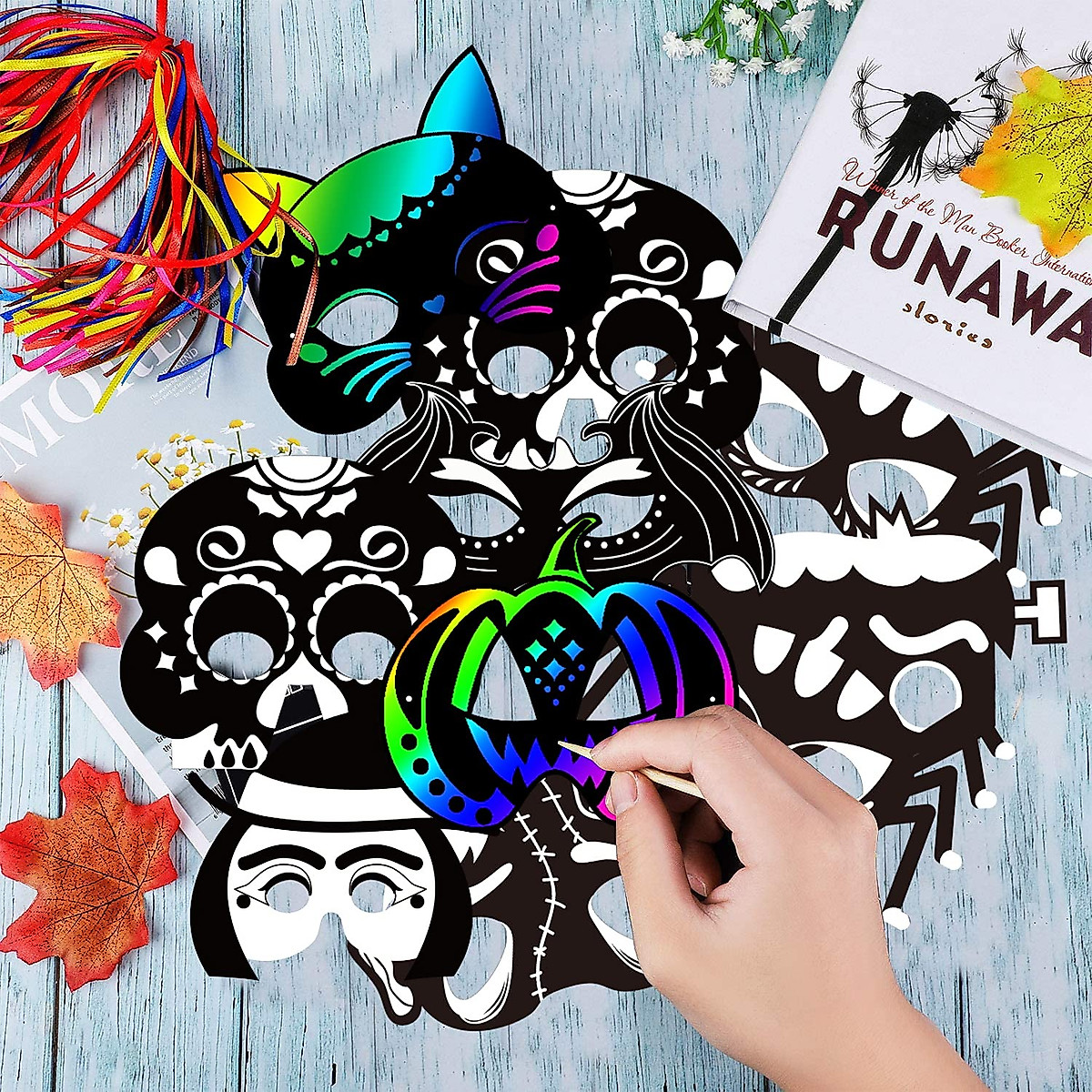 Natonhi 32Pcs Halloween Crafts for Kids Rainbow Scratch Mask, Halloween Games Scratch Art and Craft Kit Halloween Classroom Activities Favors Party Supplies