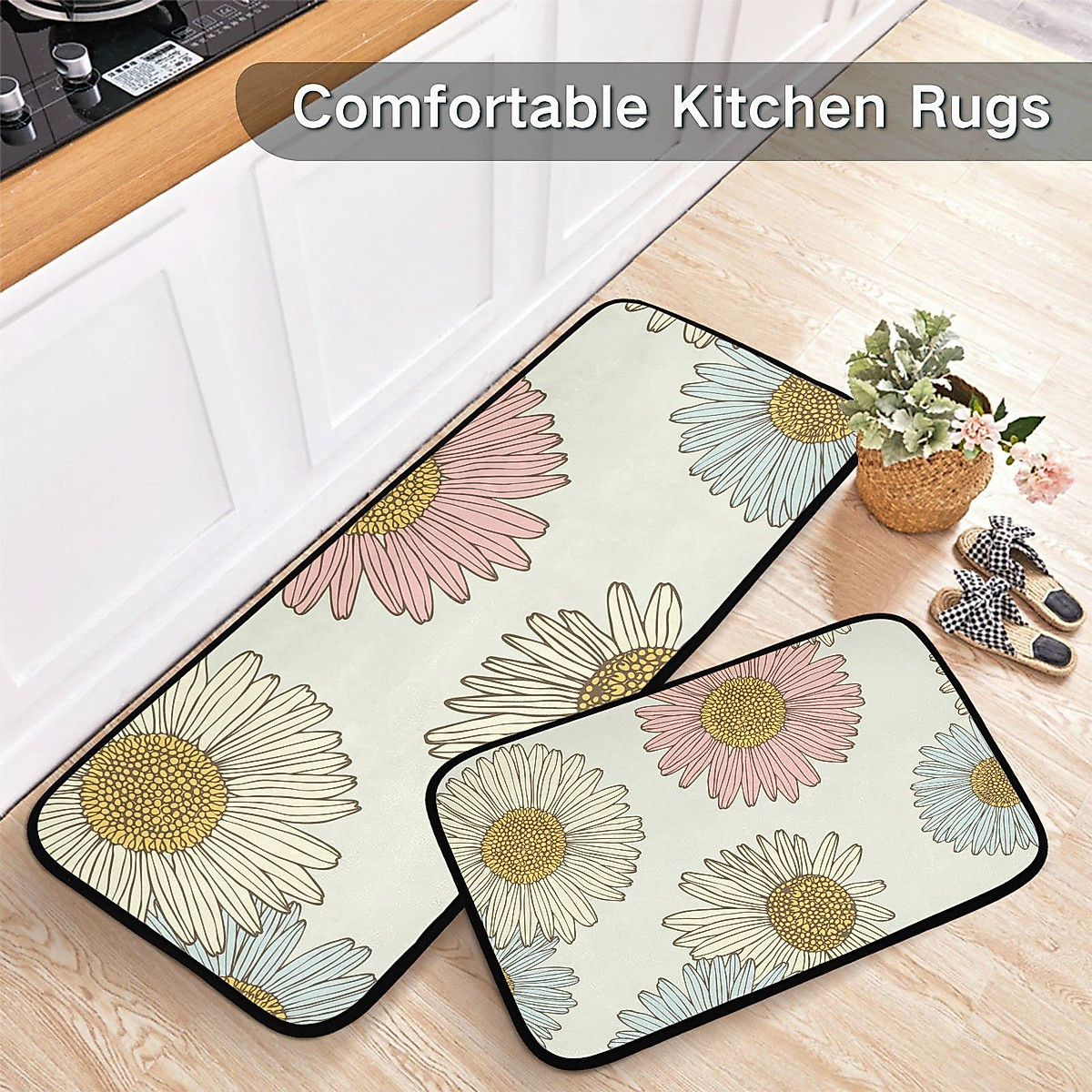 BOENLE Blooming Daisy Kitchen Rugs and Mats Non Skid Washable Kitchen Rug Set 2 Piece Carpet Ergonomic Comfort Standing Mat for Kitchen,Bathroom, Laundry