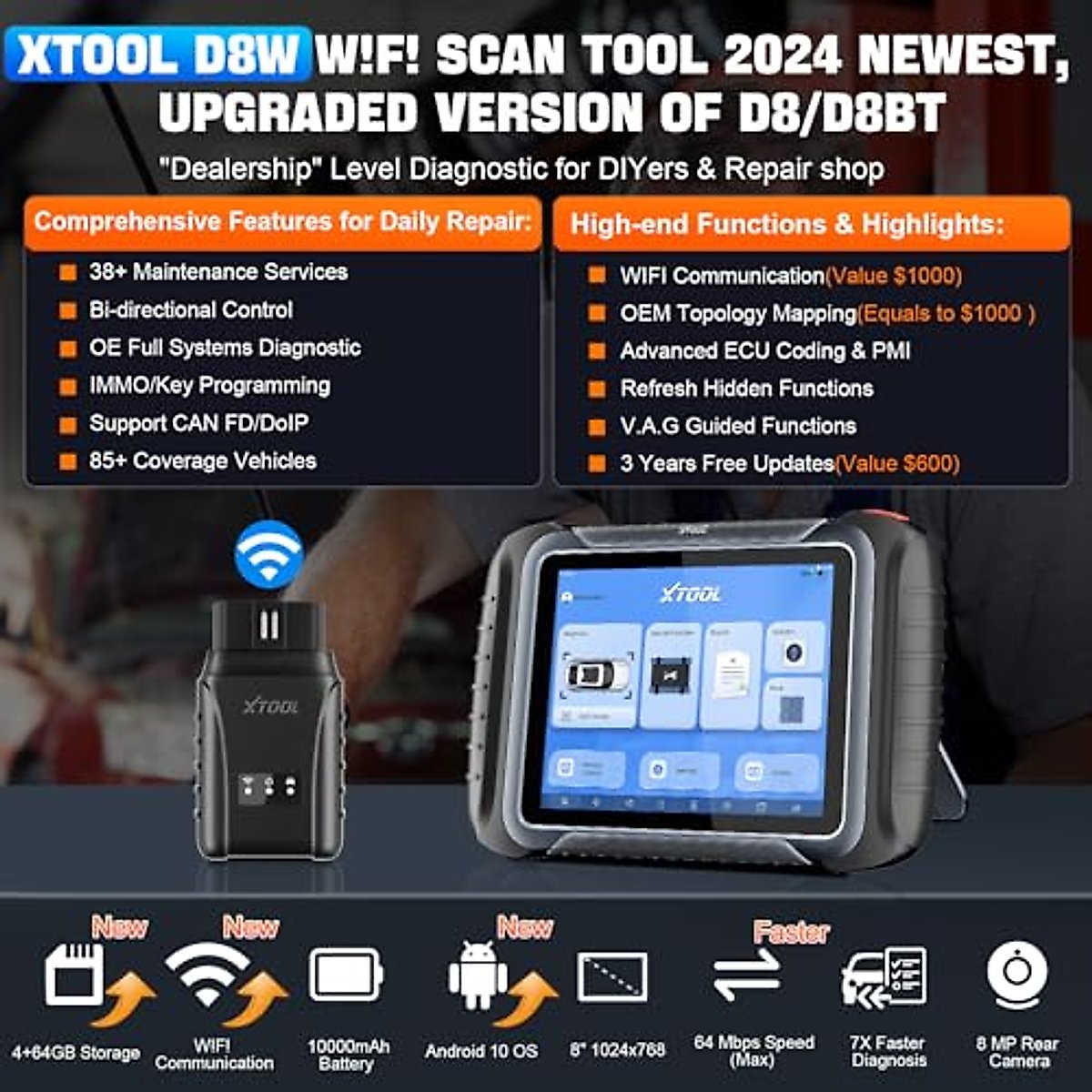 XTOOL D8W Wireless Bidirectional Scan Tool, Topology OBD2 Scanner with 3-Year Updates, ECU Coding, PMI, 38+ Resets, Crankshaft Relearn, CAN FD/DoIP, Full Diagnostic Scanner for Car