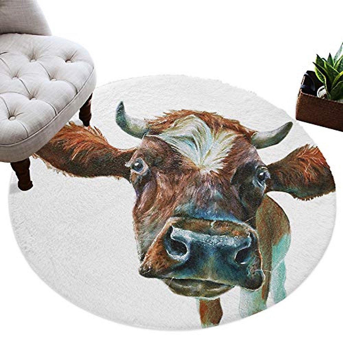 Fantasy Staring Round Fluffy Area Rugs for Living Room Kids Room- Western Texas Farm Animals Cattle Contemporary Rug Soft Throw Rug Modern Home Decor Carpet, 5ft