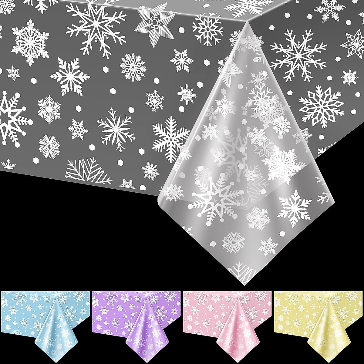 Jecery 3 Pcs Clear Snowflake Plastic Tablecloth Waterproof Winter Christmas Wonderland Party Decorations Oil Proof Table Cover Clothes for Holiday Xmas Birthday Supply, 51.2 x 86.6 Inch