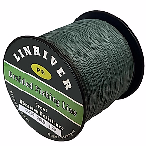 LinHiver Braided Fishing Line, Strong Power, Great Abrasion Resistance, Thin Diameter, No Stretch, Low Memory and High Sensitivity(328Yds, 20LB, 4 Strands, Dark Green)