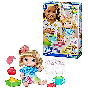 Baby Alive Fruity Sips Doll, Apple, Toys for 3 Year Old Girls, 12-inch Baby Doll Set, Drinks & Wets, Pretend Juicer, Kids 3 and Up, Blonde Hair