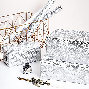LeZakaa Silver Wrapping Paper Roll - Mini Roll - Floral/Bellflower/Plaid for Wedding, Bridal Shower, Birthday - 17 x 120 inches - 3 Rolls (42.5 sq.ft.ttl.)