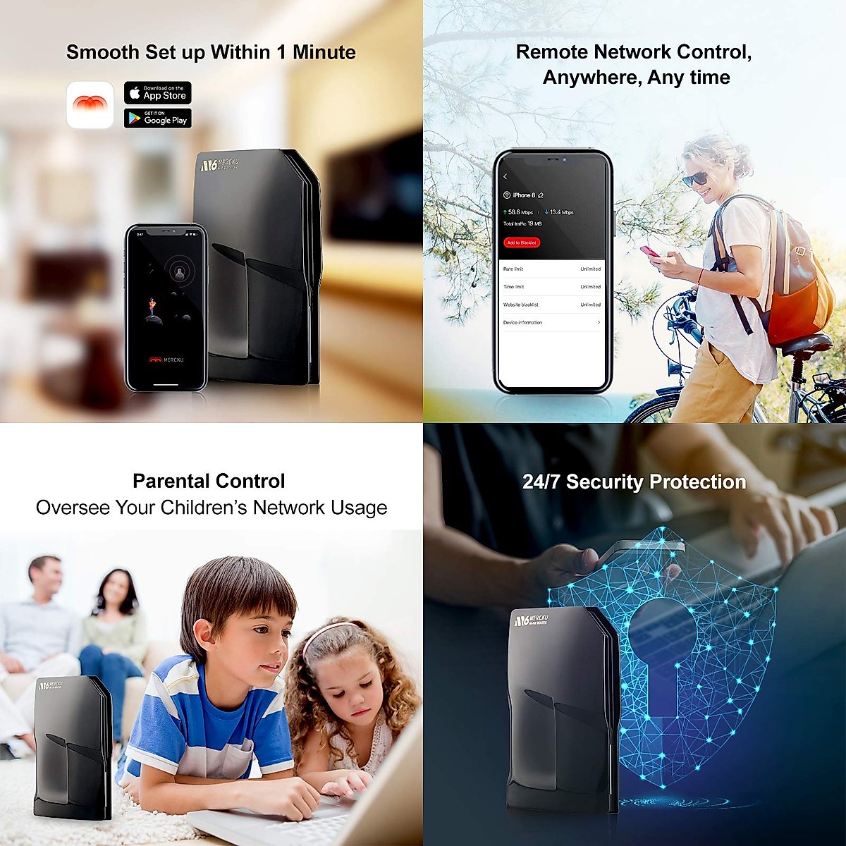 Mercku M6 Wi-Fi 6 Router for Wireless Internet Mesh Wi-Fi System 1 Pack up to 3,000 Sq.Ft. Can Add More Units to Form a Mesh Wi-Fi System, Dual-Band Gigabit Router, App Control, AX1800, Maroon Red