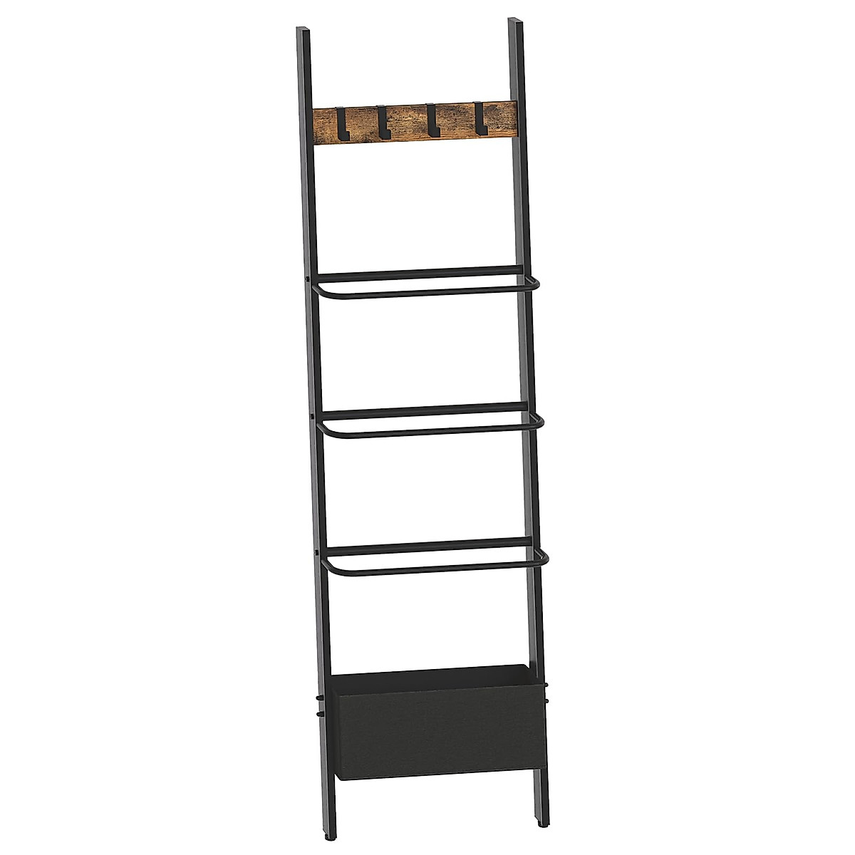 YATINEY Blanket Ladder, 5-Tier Towel Ladder with Hooks and Basket, Wall-Leaning Blanket Holder, Display Towel Rack Shelf, for Living Room, Rustic Brown and Black CJ02BR