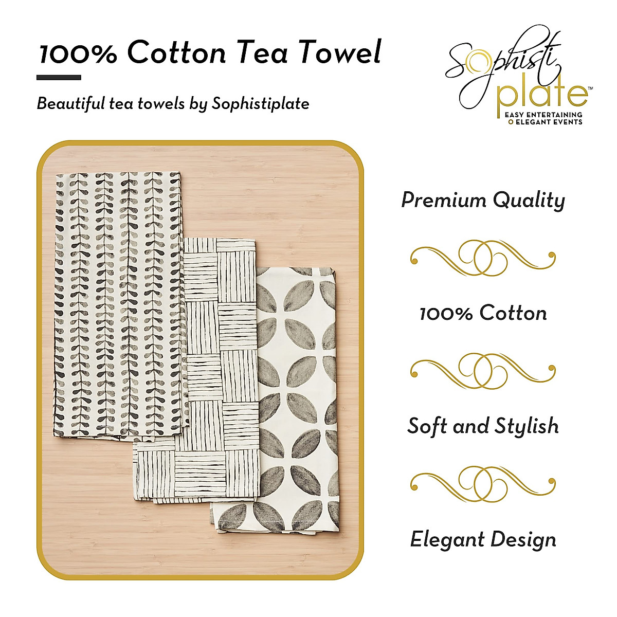 Sophistiplate Tea Towel for Kitchen, Dining - 3 Pack Black & White Set - 100% Cotton - Black White Tea Towels - Machine & Hand Washable Hand Towels - Reusable Cleaning Cloths - 30” x 20”