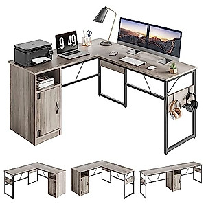 Bestier L Shaped Desk with File Cabinet Reversible Computer Desk 60'' Corner Desks Modern Long Desk 2 People Home Office Desk Study Workstation Table(Wash Grey)