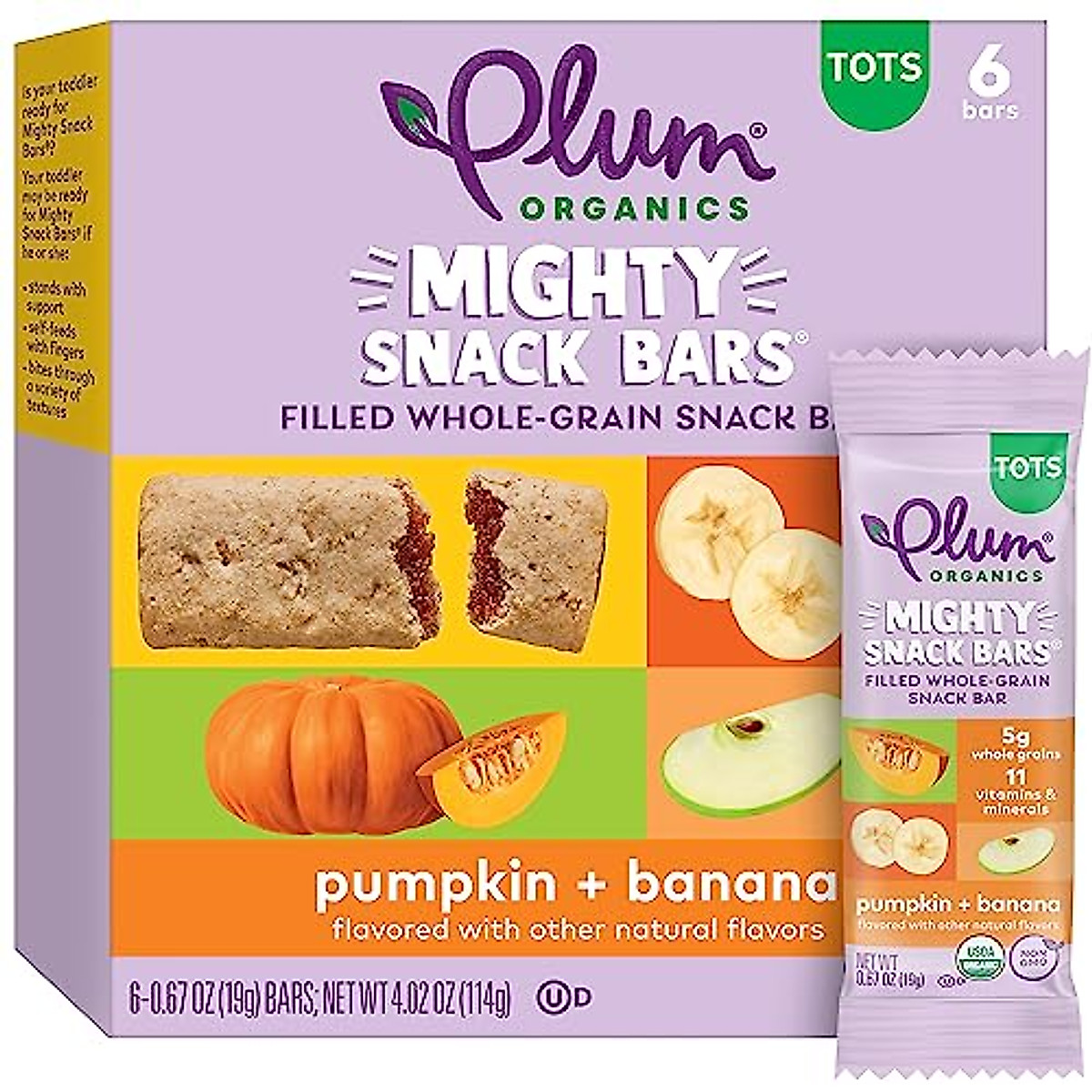 Plum Organics Mighty Snack Bars - Pumpkin and Banana - 0.67 oz Bars (Pack of 48) - Organic Fruit and Vegetable Toddler Food Snack Bars