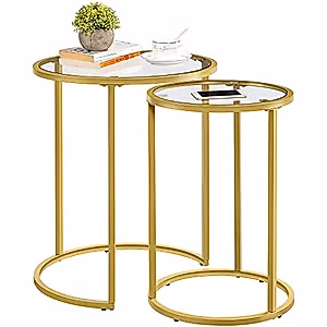 Yaheetech Round Nesting Side Table Stacking Coffee Table, Set of 2 Circular Modern End Tables w/Metal Frame & Tempered Glass Top & Protective Foot Pads for Small Space Living Room Bedroom Office