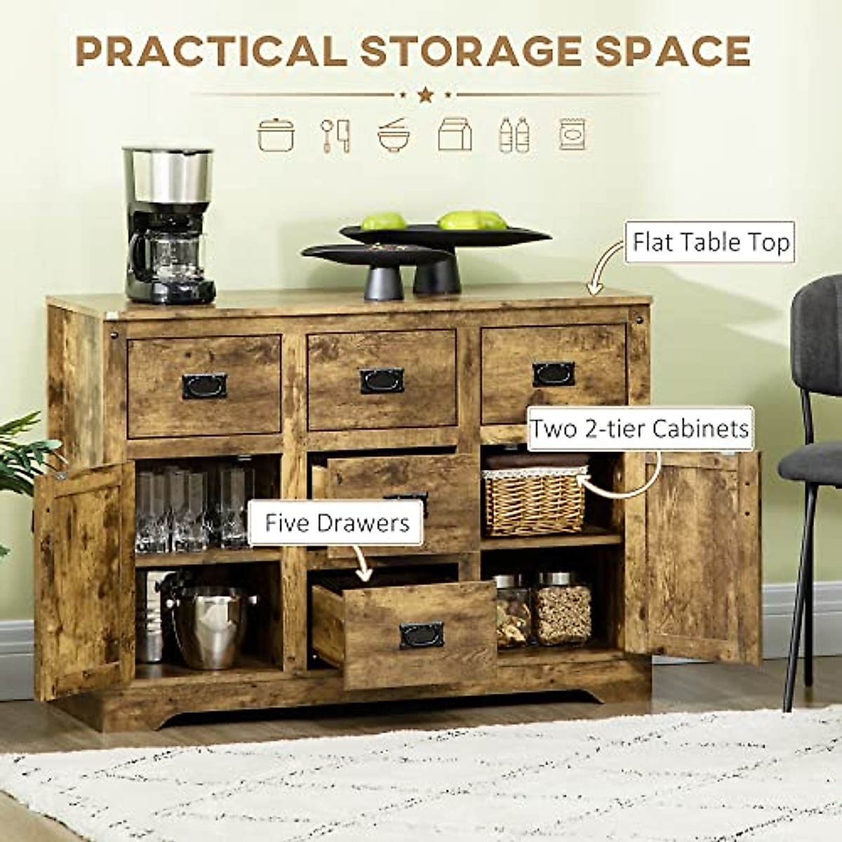 HOMCOM Industrial Sideboard Buffet Cabinet, Kitchen Cabinet with Five Drawers, Two Door Cabinets, Adjustable Shelf Coffee Bar Cabinet, Brown