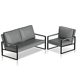 Lamerge Mid-Century Retro Modern Living Room Sofa Set with Loveseat and Seating Sofa Chair, Upholstered Couch and Accent Chair with Armrest, Living Room Set for Small Space, APT, Office (Grey)