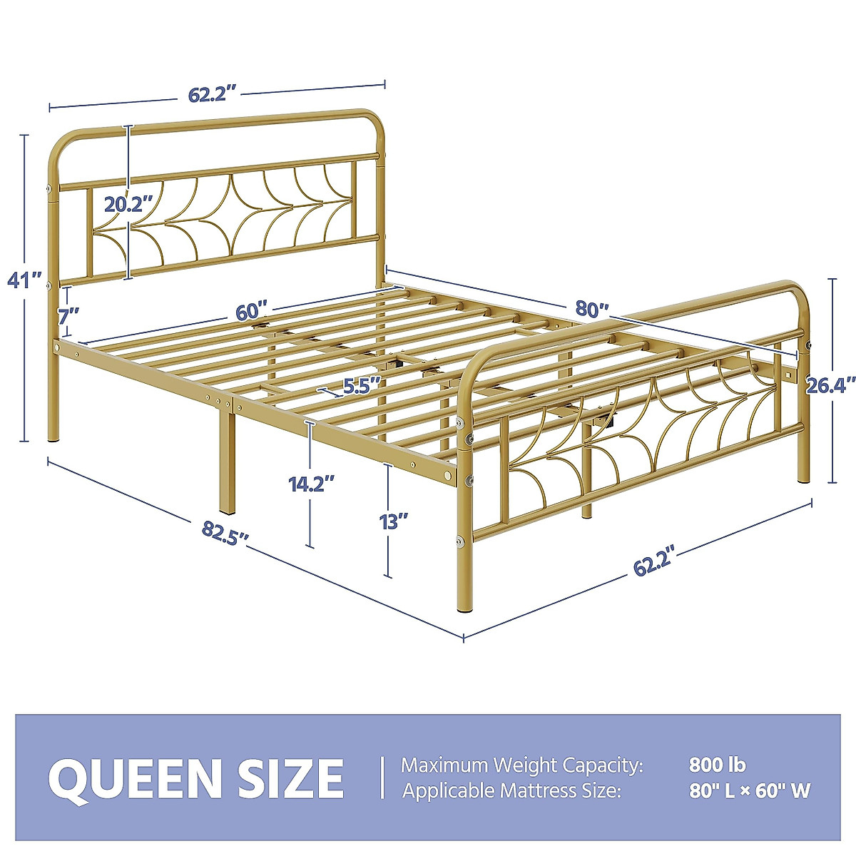 Topeakmart Queen Metal Platform Bed with Sparkling Star-Inspired Design Headboard and 13 Inch Underbed Storage, Antique Gold