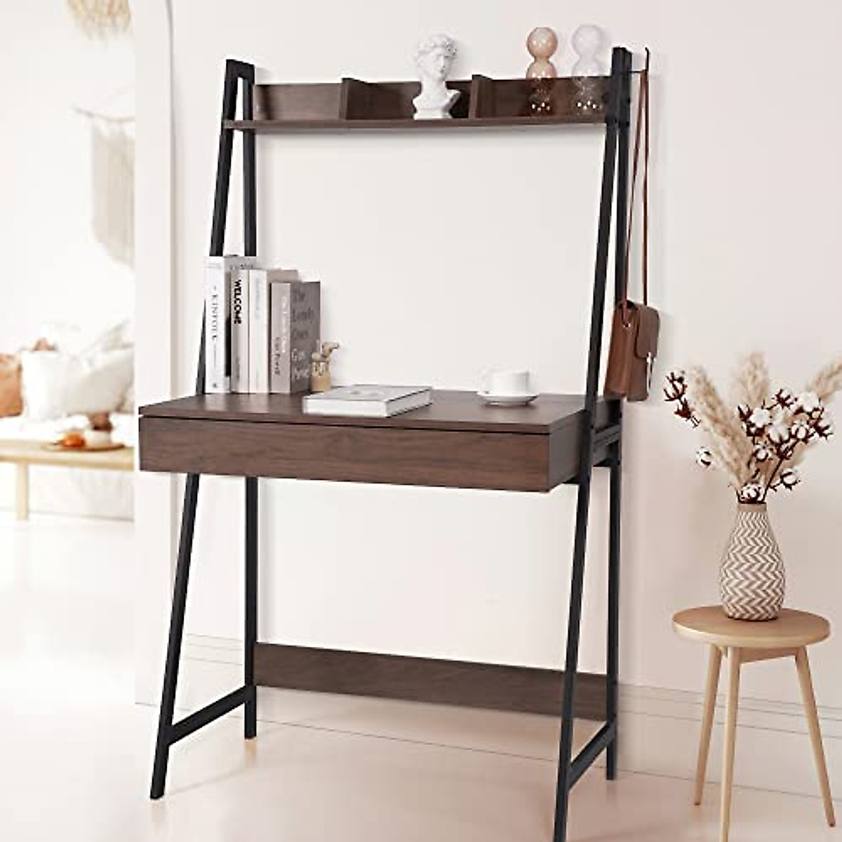 DEILALY 2 Tier Ladder Desk Computer Desk Escritorio para Computadora Desk Shelf Study Desk with Drawer Gaming Desk Study Table W31.5 PC Small Desk Metal Frame Home Office Bedroom