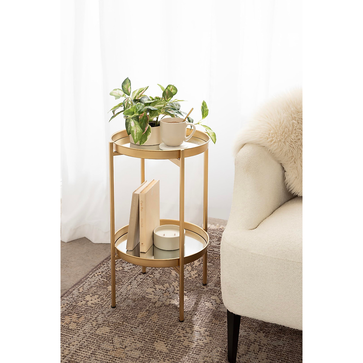 Kate and Laurel Celia Transitional Round Accent Tray Table with Magnetic Removable Tops and Foldable Base, 16x16x25, Gold