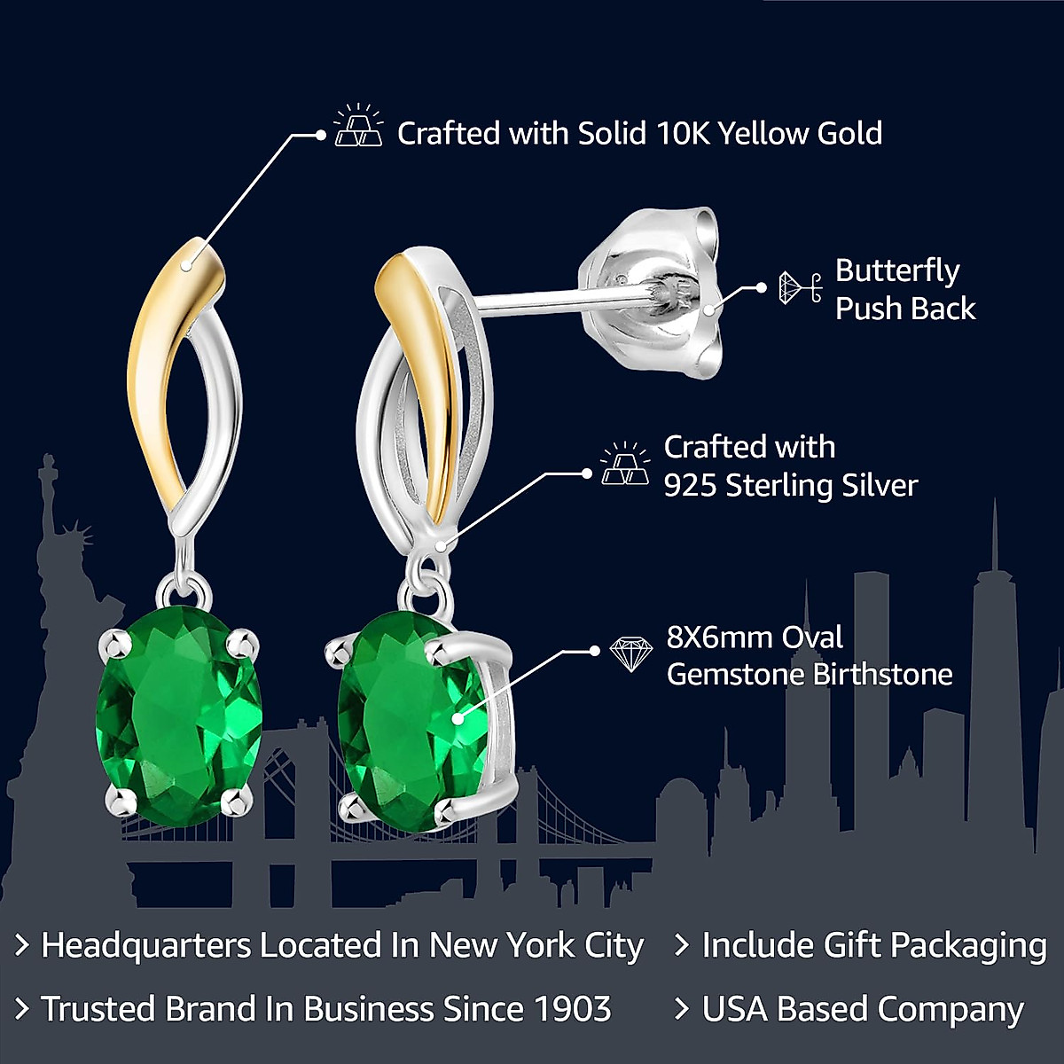 Gem Stone King 925 Sterling Silver and 10K Yellow Gold 8X6MM Oval Gemstone Birthstone Infinity Dangle Drop Earrings For Women