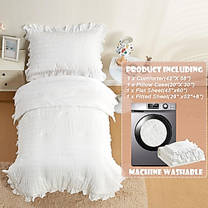 VIVILINEN Toddler Bedding Set for Girls 4-Piece White Seersucker Toddler Comforter Set Ruffle Fringe Bed-in-a-Bag Toddler Bed Sheet Set for Kids with Comforter, Flat Sheet, Fitted Sheet, Pillowcase