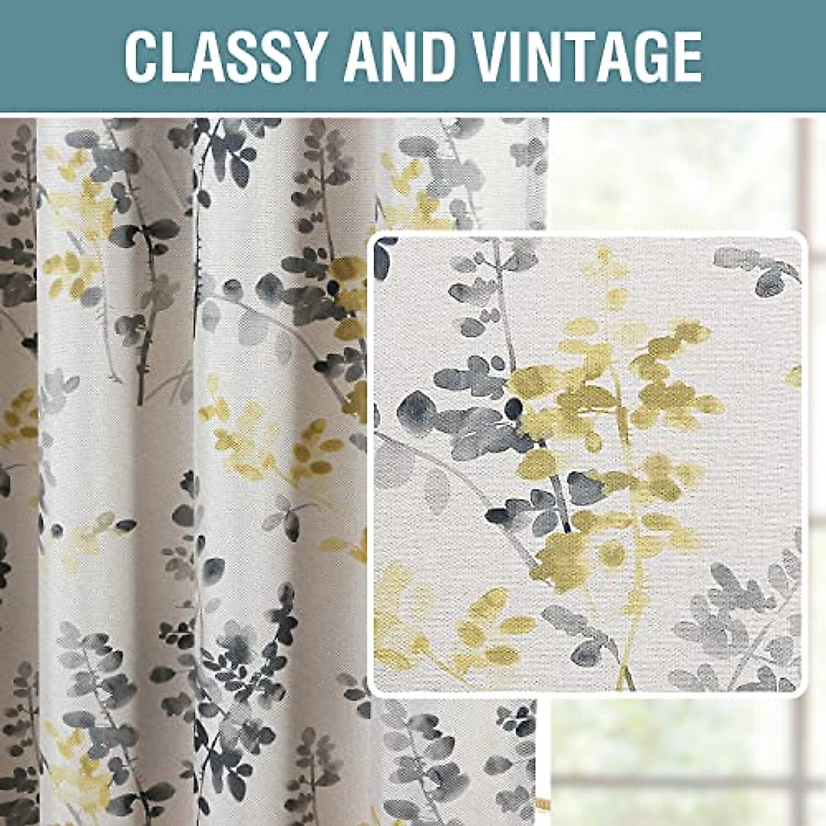 H.VERSAILTEX Linen Blackout Curtains 96 Inches Long Thermal Insulated Room Darkening Linen Curtains for Bedroom Textured Burlap Grommet Window Curtains for Living Room, Grey and Yellow, 2 Panels